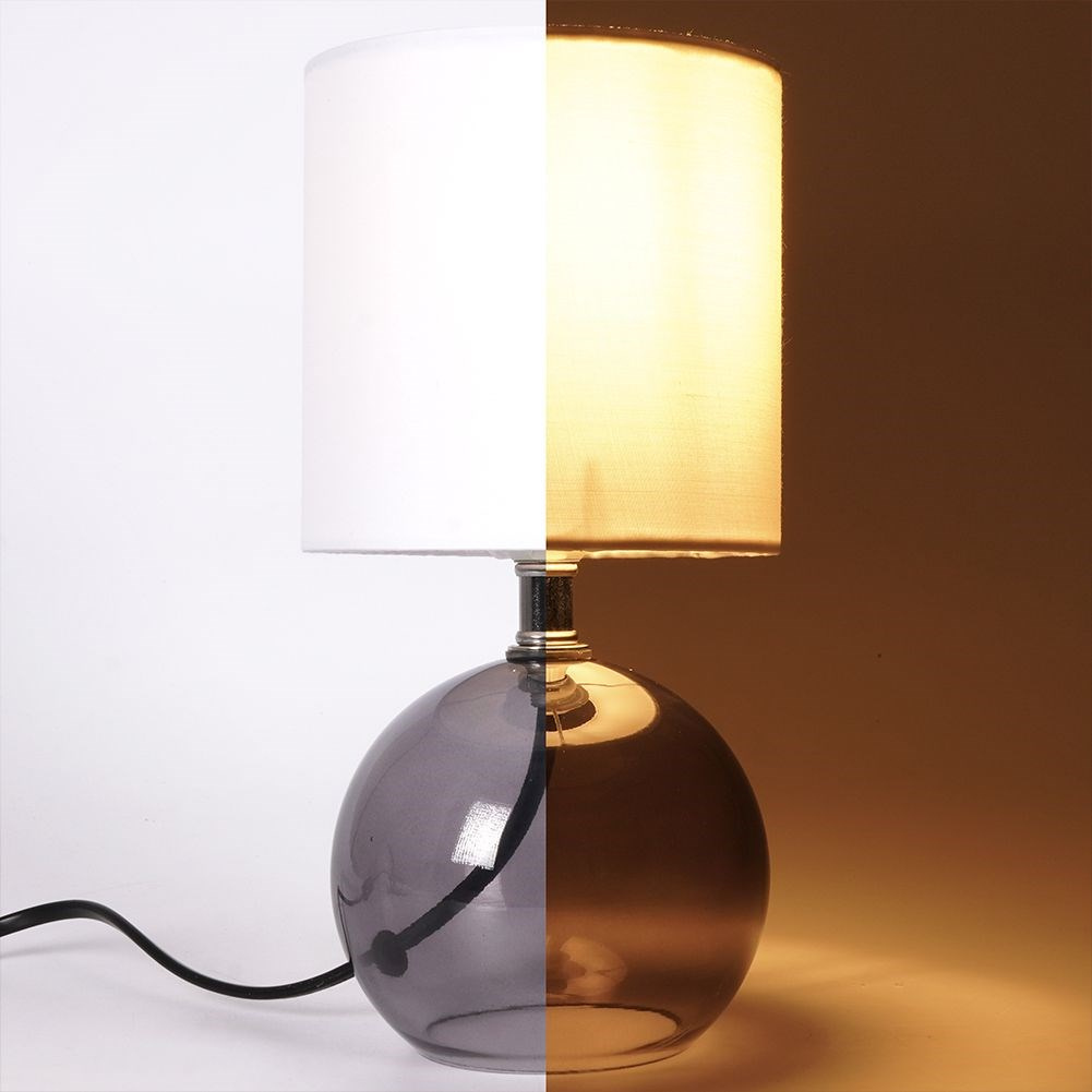 Lampa stołowa z kloszem abażurem lampka nocna biała ze szklaną podstawą ...